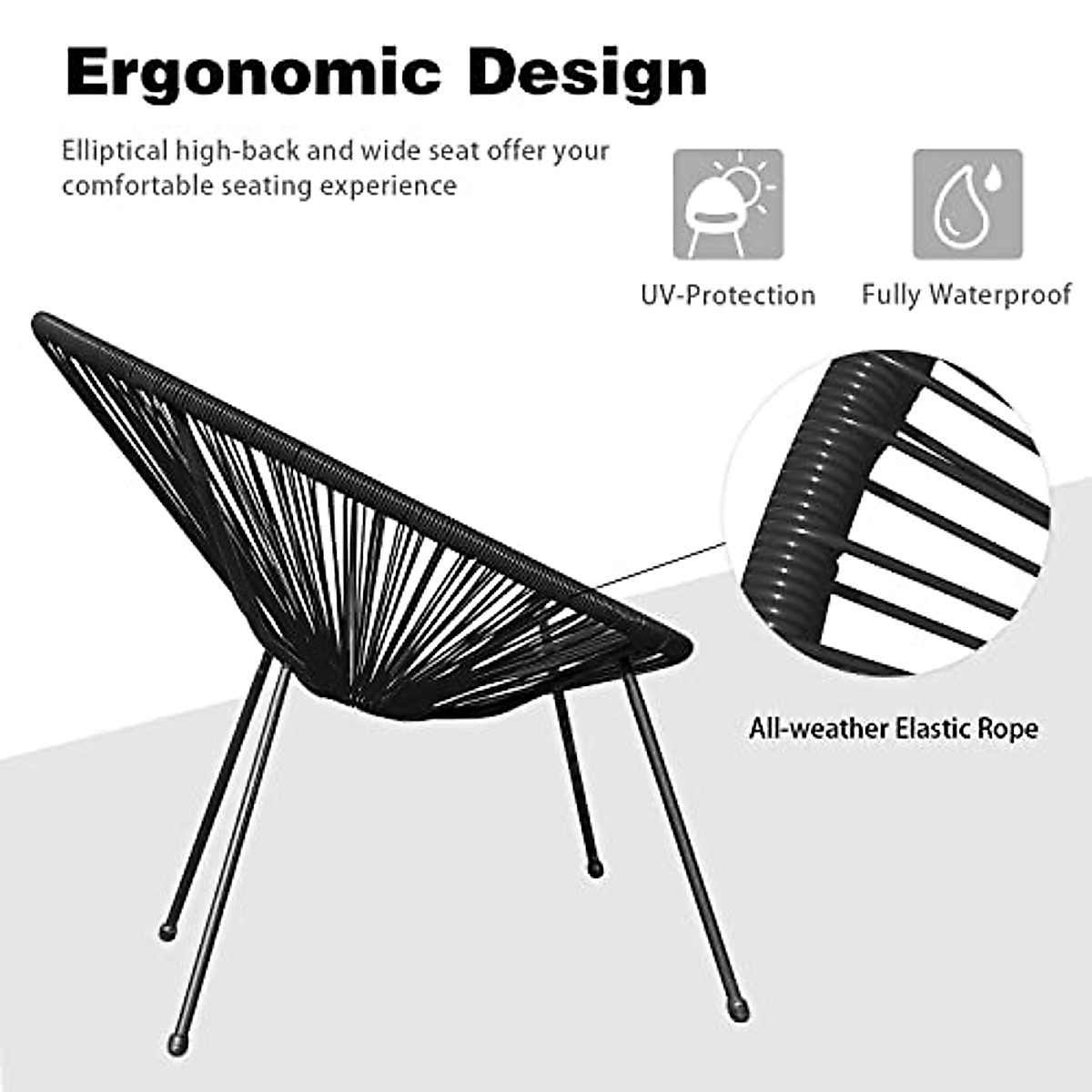 Devoko 5 Piece Outdoor Furniture Set Acapulco Modern All-Weather Conversation Set, 2 Chairs and 1 Glass Table with 2 Footrest for Indoor, Patio, Lawn, Garden, Poolside (Black)