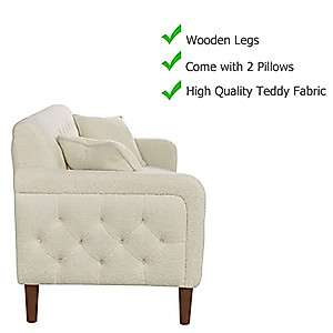 Aoowow Teddy Fabric Sofas and Couches 78 Inches Long, Mid Century Modern Couch Tufted Back Sofa with 2 Throw Pillows, Armrest and Wooden Legs for Living Room, Apartment, Bedroom (Beige)