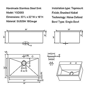 Friho 33"x 22" Inch Drop-in Stainless Steel Kitchen Sink,Brushed Nickel Topmount Kitchen Sinks,SUS304 Commercial Handmade 18 Gauge Single Bowl Large Basin With Dish Grid and Basket Strainer