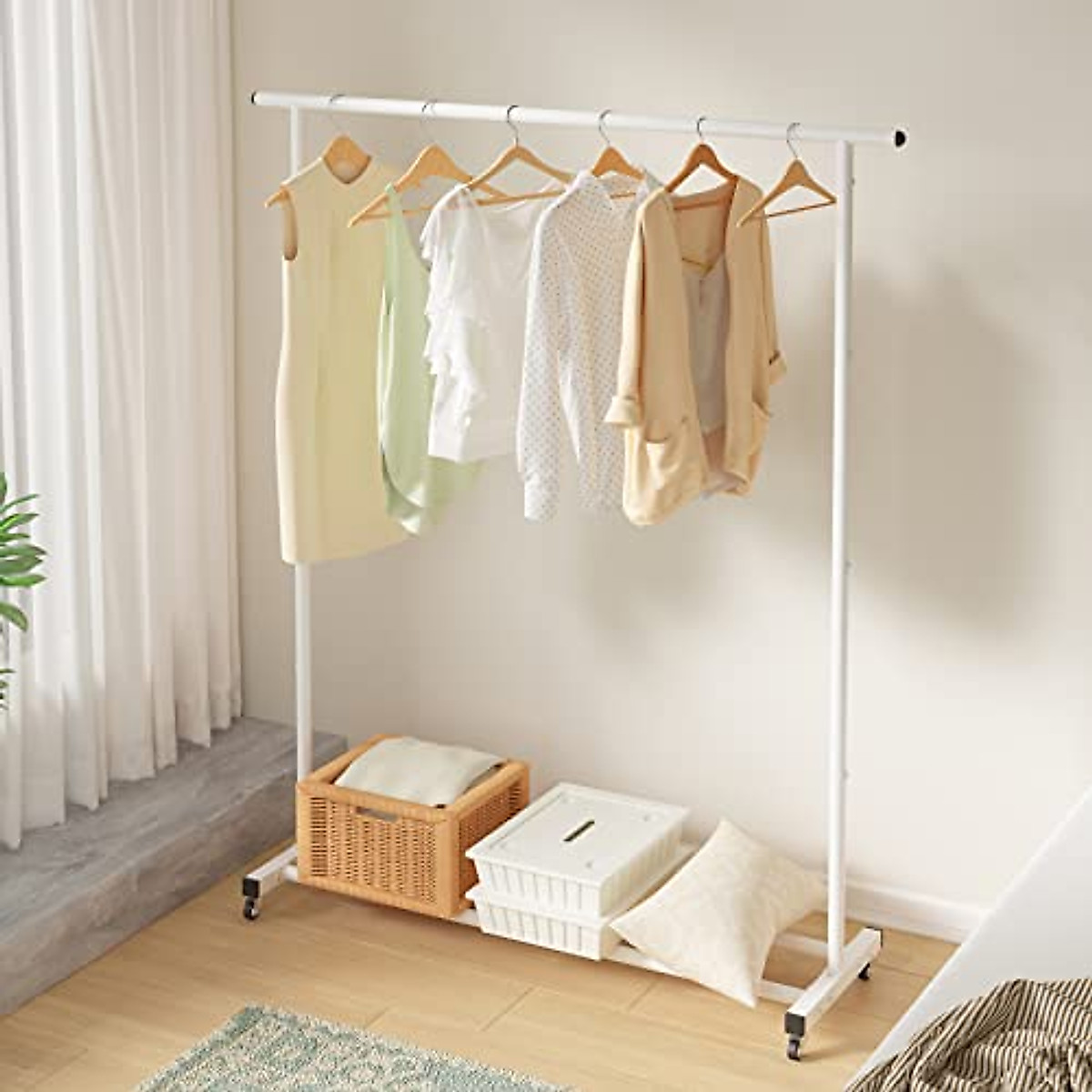 Buzowruil Clothing Rack Clothes Rack Standard Rod Simple Rolling Metal Garment Rack Organizer Freestanding Hanger with Wheels,White