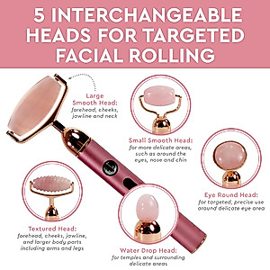 Vibrating Face Roller and Massager - 5 in 1 Rechargeable Rose Quartz Face Roller for Soft and Smooth Skin, Relaxing Beauty Skin Care Kit, Soothes Puffy Eyes