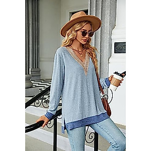 Keificle Women's V-Neck Pullover Color Blocking Long Sleeves Side Split Fall Tunic Tops (Large, 01_Light Blue)