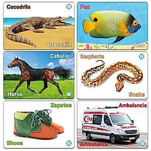 My Touch and Feel English Spanish Bilingual Picture Double Sided Sensory Flash Cards for Infant, Toddlers, Kids, Learn Animals, Fruits, Objects and Vehicles, Fun Learning and Educational Flashcards