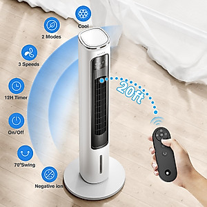 3-IN-1 Portable Air Conditioners Tower Fan, 37'' Evaporative Air Cooler w/Remote, 2.5L Water Tank With 4 Ice Packs, 12H Smart Timer & 70° Oscillating, 3Speeds For Bedroom Living Room Office