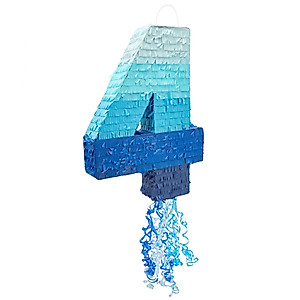 BLUE PANDA Number 4 Pull String Pinata for Boys, 4th Birthday Party Decorations, Ombre Blue (16.5 x 12 x 3 In)
