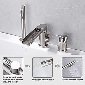 TapLong Waterfall Roman Tub Faucet with Hand Shower, Widespread Deck Mount Bathtub Faucet with Sprayer, Single-Handle 3-Holes Bathtub Shower Faucet Set in Brushed Nickel, 03119BN