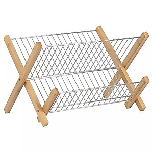 Naytic Stainless Steel Bamboo Foldable Adjustable Large Two Tier Dish Drying Rack Sink Organizer for Kitchen Counters