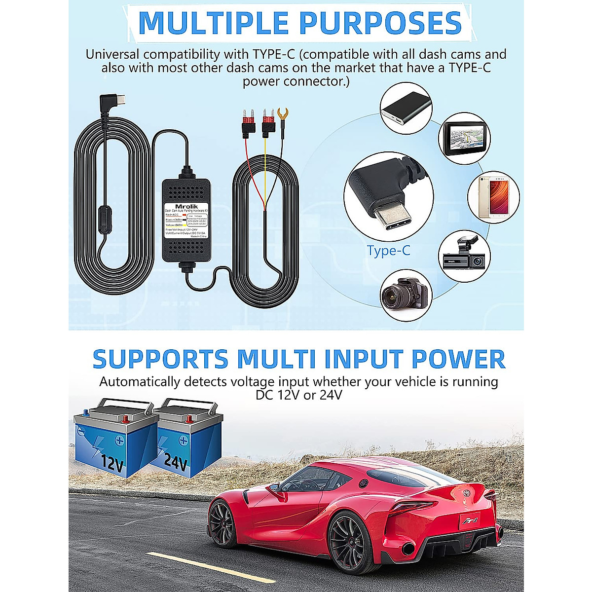 S10 Dash Cam Front and Rear WiFi 4K and Hardwire kit Cable for 24H Recording