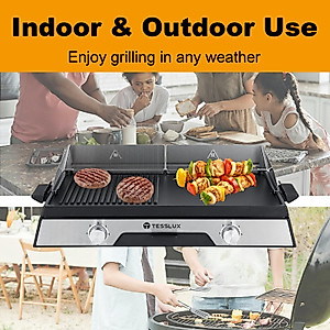Tesslux XL Electric Indoor Grill, 20” Non-stick Griddle Combo, 1600W Fast Heating, Dual Temperature Control, Detachable for Easy Cleaning