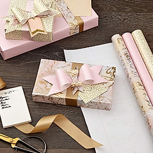 Hallmark Pink and Gold Wrapping Paper with Cutlines and Optional DIY Bow Templates on Reverse (3-Pack: 75 sq. ft. ttl) for Christmas, Birthdays, Weddings, Bridal Showers, Baby Showers, Crafts