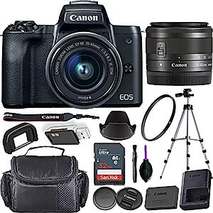 Canon EOS M50 Mirrorless Digital Camera (White) + EF-M 15-45mm f/3.5-6.3 is STM Lens Bundled with Premium Accessories (32GB Memory Card, Padded Equipment Case and More.) (Renewed)