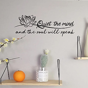 Quiet The Mind and The Soul Will Speak Lotus - Pure Black Vinyl Wall Decal Without Transparent Edge Art Letters Meditation Quotes Decoration Yoga Pilates Sayings