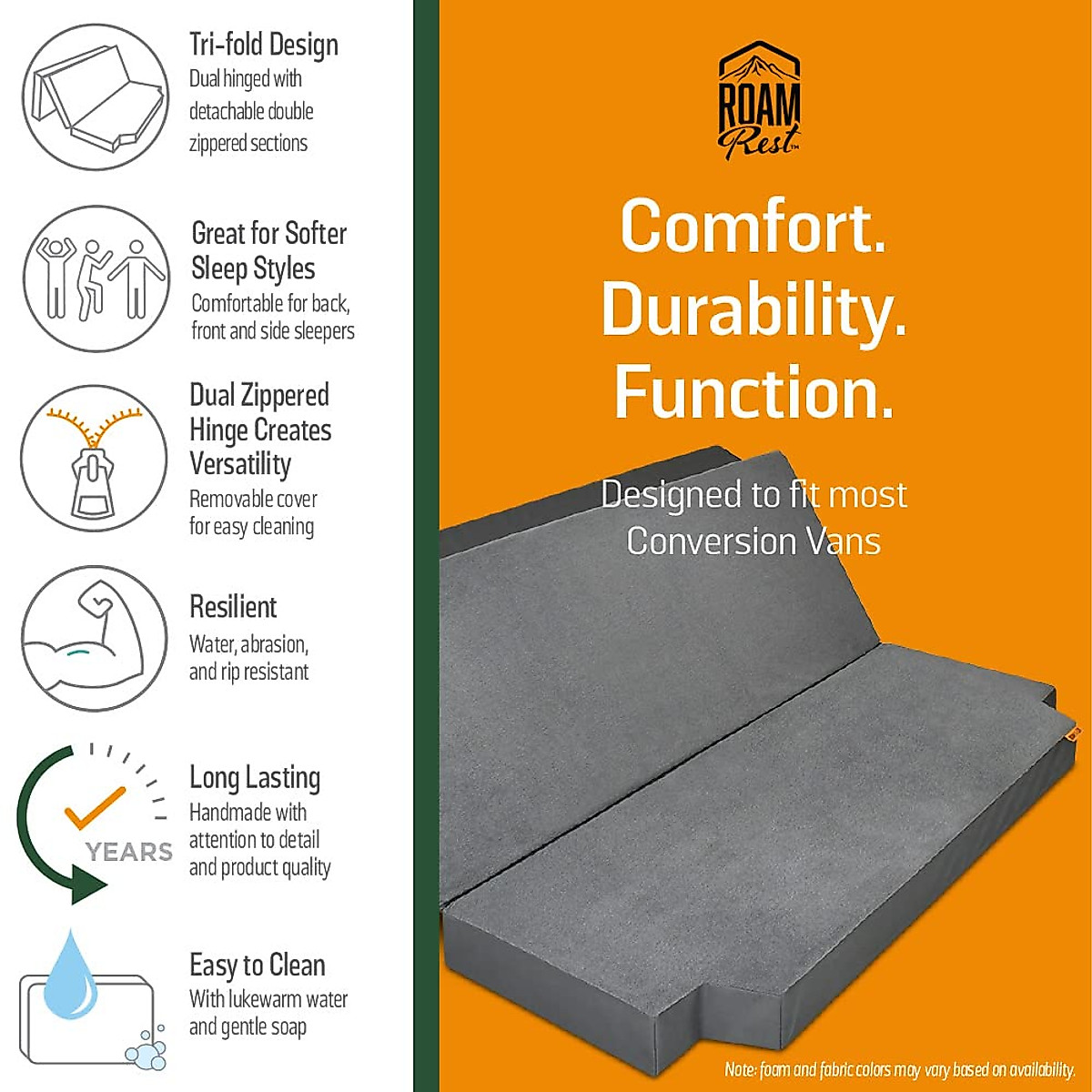 RoamRest Ultimate Tri-Fold Van Mattress - 60" x 66" x 5" (Soft) - Fits Sleeping Area