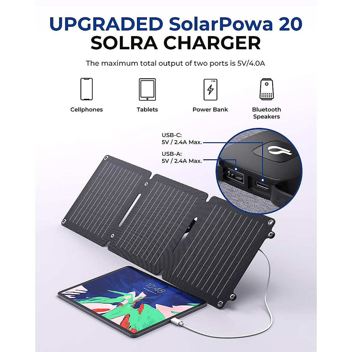 [Ultra-Fast Charging] BigBlue 20W ETFE Solar Charger with Kickstand, SolarPowa 20 Portable Solar Panel Charger with USB-A and USB-C, IP65 Waterproof, Compatible with iPhone, iPad, Samsung, LG etc.