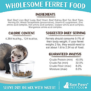 Raw Paws Freeze Dried Raw Ferret Food, Beef 16-oz - Made in USA - Premium, Grain Free Ferret Diet for Small, Adult, Senior & Baby Ferrets - Also use as Natural Ferret Treats for Rewarding & Training