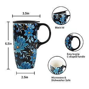 Topadorn Coffee Ceramic Mug Porcelain Latte Tea Cup With Lid 17oz., Blue Flower