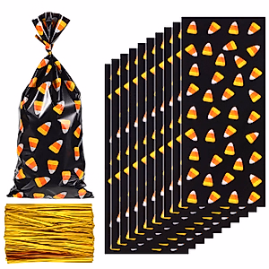 100 Pieces Halloween Cellophane Bags Candy Corn Pattern Cello Treat Bags with 200 Pieces Gold Twist Ties for Chocolate Candy Cookies and Snacks