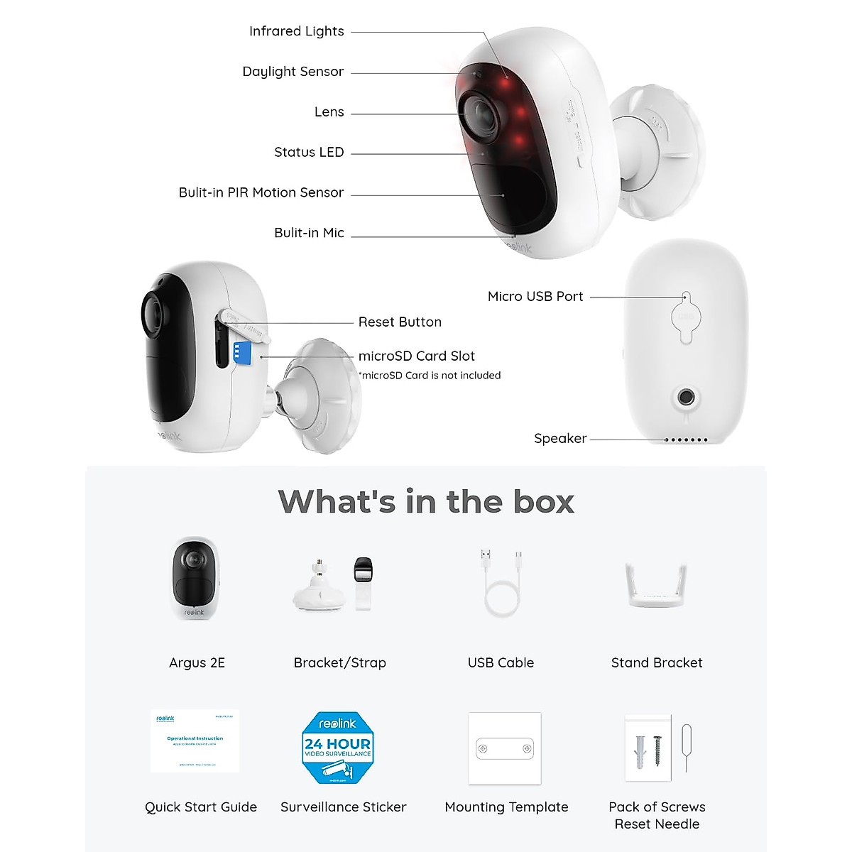 REOLINK Wireless Security Camera System Battery/Solar Powered, No Hub Needed, PIR Motion Detection, 1080p 100% Wire-Free Weatherproof, for Home Surveillance Indoor/Outdoor Use, Argus 2E