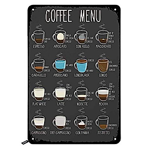 Swono Coffee Menu Tin Signs,Kinds of Coffee Service Here Vintage Metal Tin Sign for Men Women,Wall Decor for Bars,Restaurants,Cafes Pubs,12x8 Inch
