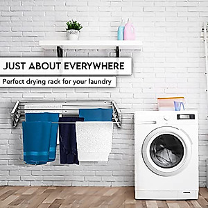 SCAR EMPIRE Space Saver Wall Mounted Drying Rack Holds 60 lbs Capacity - Stainless Steel Laundry Drying Rack Foldable - Sweater, Towel, Clothes Drying Rack Wall Mounted for Indoor & Outdoor (White)