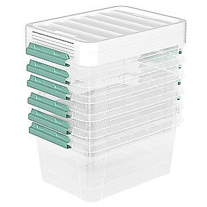 Buyitt 6-Pack 35 quart Large Plastic Storage Bin, Latching Box with Clear Base, White Lid and Green Latches