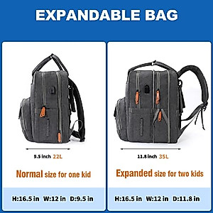 Extra Large Diaper Bag For 2 Kids, 35L Expandable Twin Diaper Bag Backpack For Travel/Shopping, Easy Access Design / 4 Big Insulated + 2 Wet Cloth Pocket For 2 Babies / Waterproof/Back Support Cushion