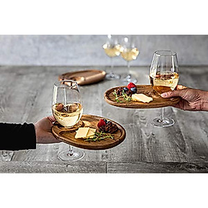 PICNIC TIME TOSCANA -Wine Appetizer Plates, Cocktail Plate with Glass Holder, Cheese Board with Wine Holder, (Acacia Wood), 9 x 6, Set of 4