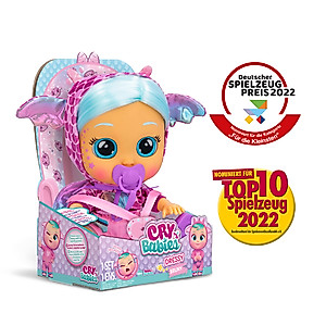 Cry Babies Dressy Fantasy Bruny - 12" Baby Doll | Pink and Purple Shirt with Dragon Themed Hoodie and Baby Pink Pants with Metallic Details, for Girls and Kids 18M and Up