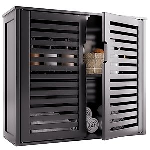 HITNET Black Bathroom Storage Cabinet, Hanging Medicine Cabinet with Adjustable Shelf, Bamboo Over The Toilet Wall Mounted Space Saver Organizer, Double Doors