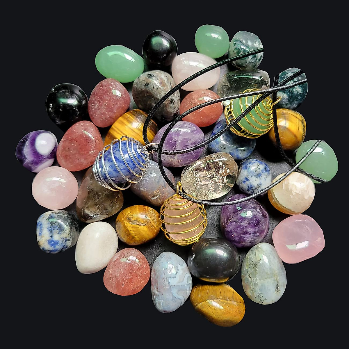 Rocktone 10once Gemstones Beads Tumbled Healing Stones Energy Crystals Pocket Stones Natural Polished Gemstones with 3 Sets Crystals Pendants for Wicca, Reiki, Jewelry Making 0.5''-1''