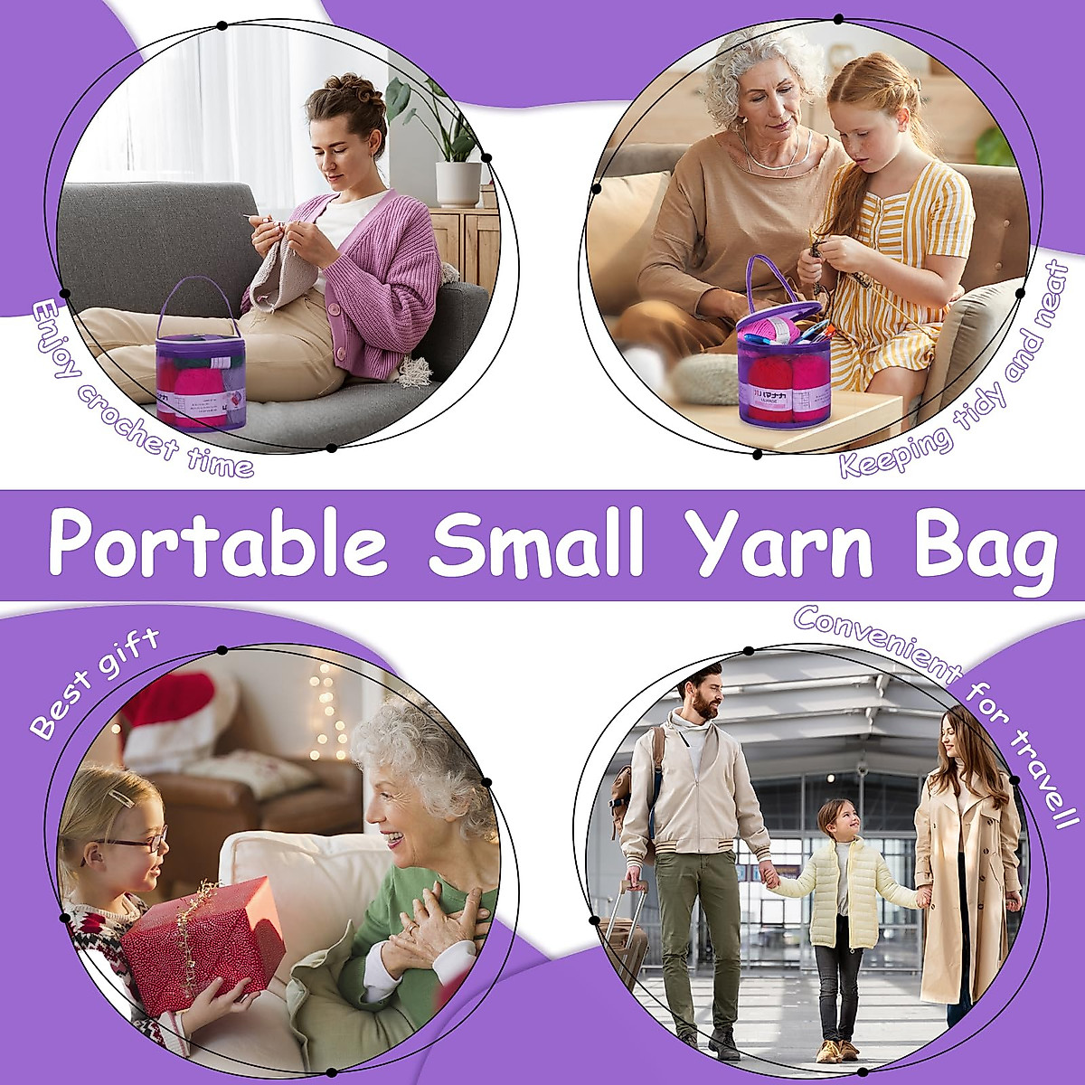 Katech Yarn Storage Case Empty Small Round Mesh Storage Bag Portable Knitting Yarn Balls Organizer Basket Crochet Thread Sewing Accessories Storage Tote Bags (Purple)