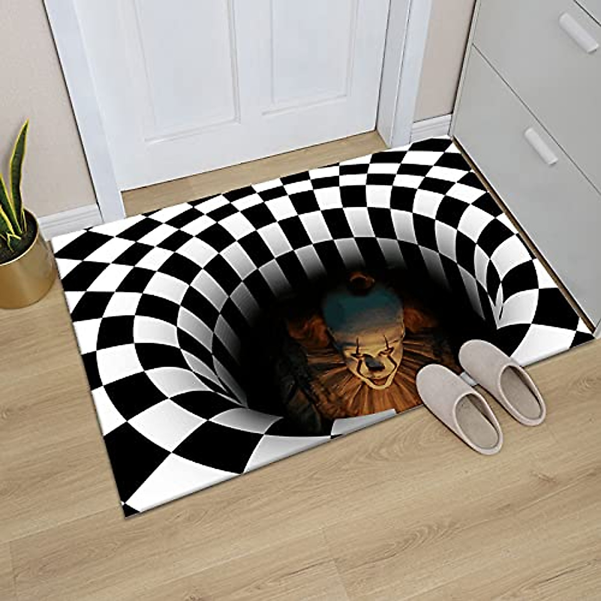 CHENJIEUS Halloween Area Rug,Black White Plaid Round Rugs 3D Visual Optical Floor Mat,Funny Clown Optical Illusion Rug for Living Dinning Room Bedroom Kitchen, 60 x 90 cm (MEI-DITANG-GUO-01)