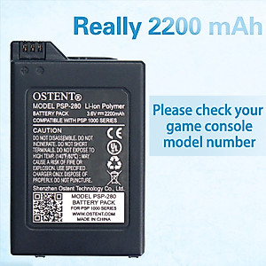 OSTENT High Capacity Quality Real 2200mAh 3.6V Lithium Ion Li-ion Polymer Rechargeable Battery Pack Replacement Upgraded Version for Sony PSP 1000 PSP-280 Console Video Games
