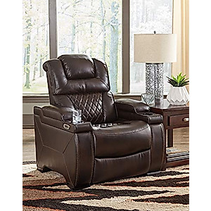 Signature Design by Ashley Warnerton Faux Leather Power Recliner with Adjustable Headrest, Brown