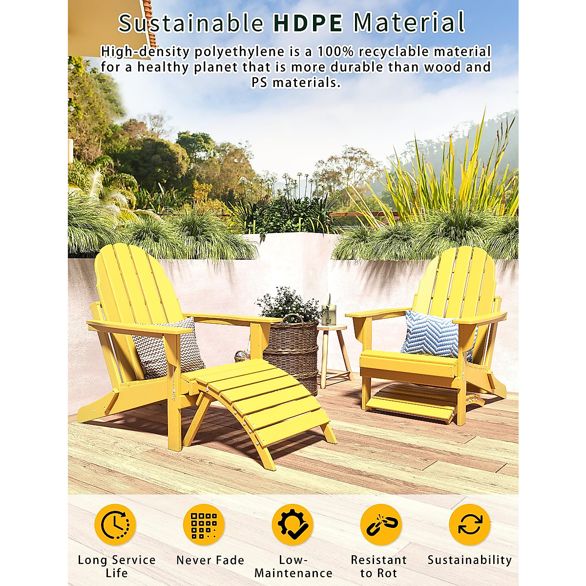 BUPPLEE Folding Adirondack Ottoman for Adirondack Chair, HDPE All Weather Outdoor Footrest Poly Lumber Adirondack Footstool for Patio, Backyard, Garden, Easily Storage - Yellow