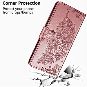 ROPIGO for Samsung Galaxy S21 FE 5G Wallet Case, Embossed Butterfly Premium PU Leather [Kickstand] [Card Slots] [Wrist Strap] [6.4 inch] Phone Cover for Samsung S21 FE (A1-Rose)
