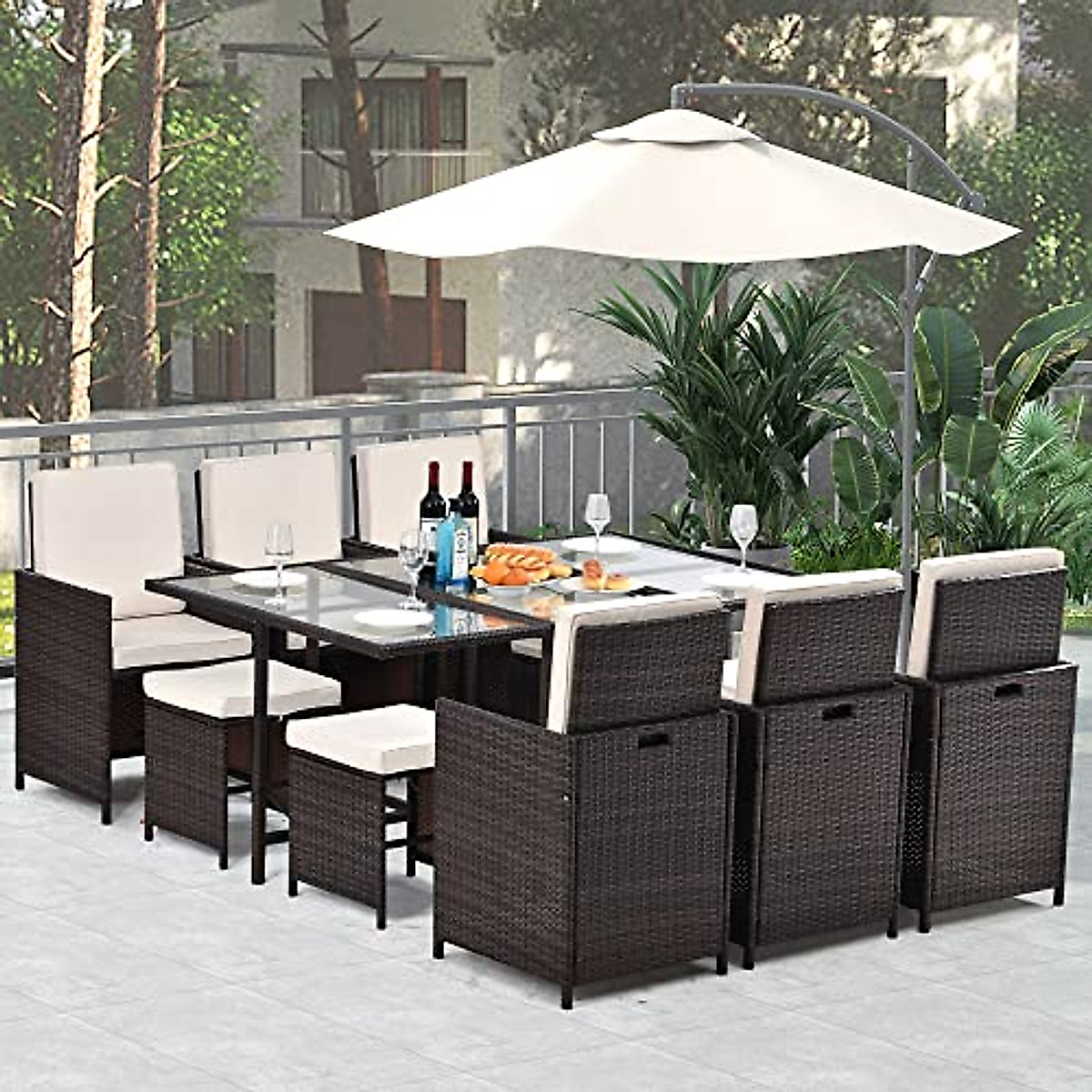 11 Piece Outdoor Garden Patio Furniture PE Rattan Wicker Dining Set Sectional Conversation Patio Set with Ottomans
