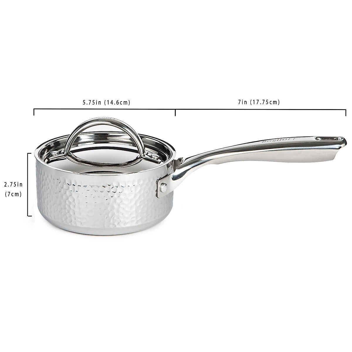 BergHOFF Vintage Tri-Ply 18/10 Stainless Steel Saucepan 5.5in 1qt. With Matching Lid, Hammered, Long and Ergonomic Shaped Handle, Induction Cooktop, Silver
