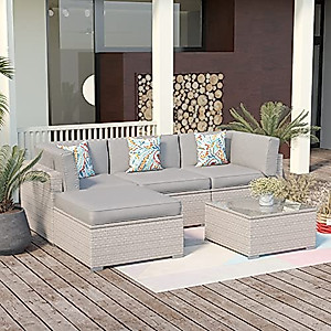 SUNBURY 5-Pieces Outdoor Furniture Set, All-Weather Wicker Patio Conversation Sets Sectional Sofa w 3 Pillows, Cushions, Coffee Table, Ottoman, Patio Furniture Set for Backyard Garden Pool (Grey)