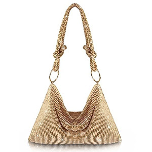 AOYUNHUI Rhinestone Hobo Bag for Women Shoulder Handbags Evening Bling Hobo Bag Evening Purse Rhinestone Clutch Purses for Women Crystal Evening Clutch Bag for Wedding Reception Prom Reunion-Gold