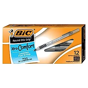 BIC Round Stic Grip Xtra Comfort Ballpoint Pen, Medium Point (1.2mm), Black, 12-Count