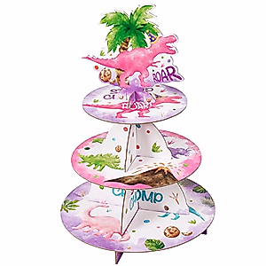 Watercolor Dinosaur Cupcake Stand - Dinosaur Party Decorations for Girls Reusable 3-Tier Cardboard Cupcake Stand Holder Round Dessert Tower Tray Dino Theme Birthday Baby Shower Party Supplies