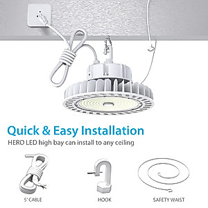 HYPERLITE High Bay Led Lights 150W 21,000LM(140lm/w) 5000K CRI>80 1-10V Dimmable UL Listed Hanging Hook Safe 5' Cable with 110V Plug UFO High Bay Light for Shopping Mall Warehouse