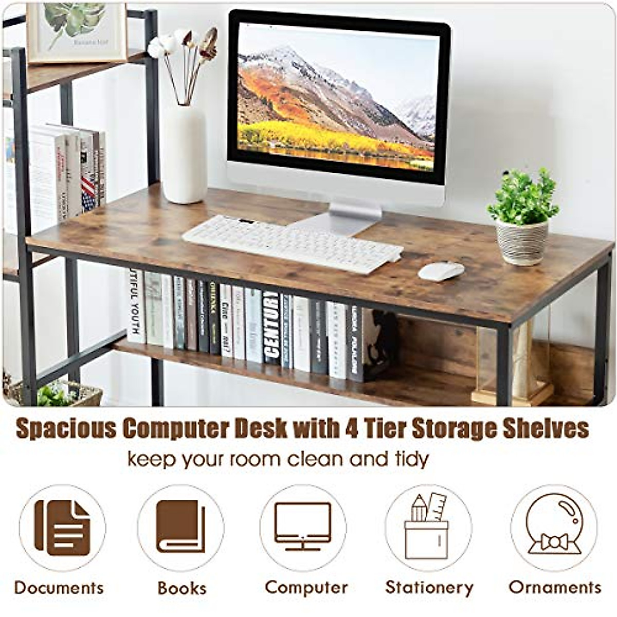 Tangkula 59-Inch Computer Desk with Bookshelf, Home Office Desk with Storage Bookshelf, Metal Frame & Adjustable Foot Pads, Space Saving Computer Workstation Study Writing Desk