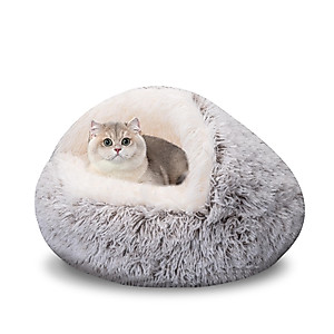 GOSALISU Cat Beds for Indoor Cats, Round Hooded Calming Bed for Small Dogs, Cozy Warming Plush Cat Bed Cave, Anti-Slip Machine Washable Puppy Pet Beds 20inch