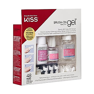KISS Brush-On Gel Finish Fake Nail Kit French Manicure Set, 48 Short Length Square Shaped French & Natural Glue-On Nail Tips