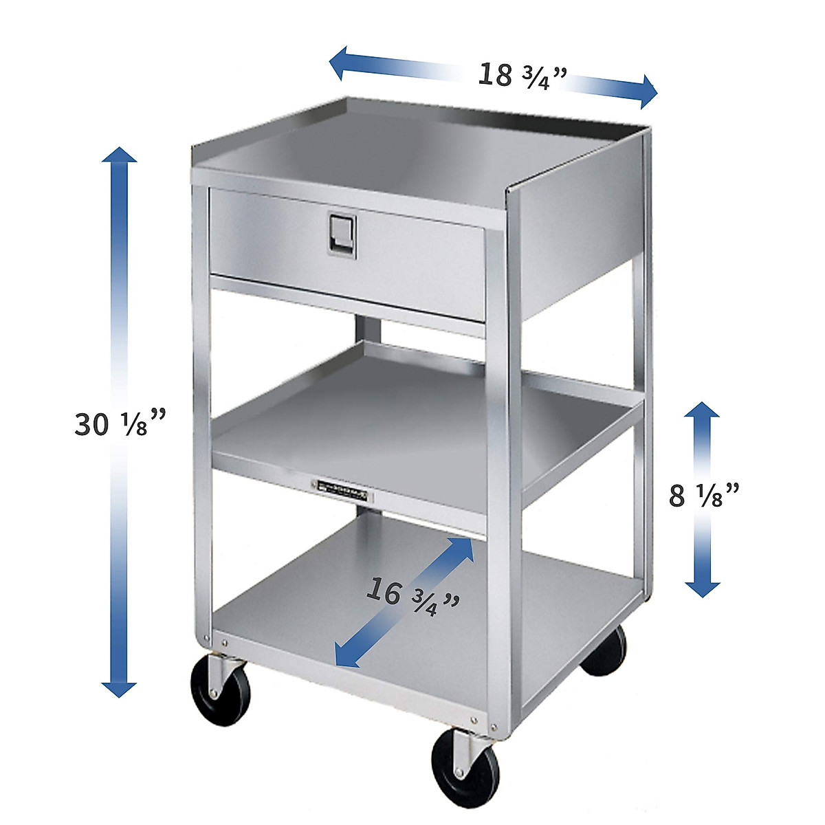 Lakeside Manufacturing 356 Mobile Equipment Stand, Stainless Steel, 3 Shelves and 1 Drawer, 300 lb. Capacity (Fully Assembled)