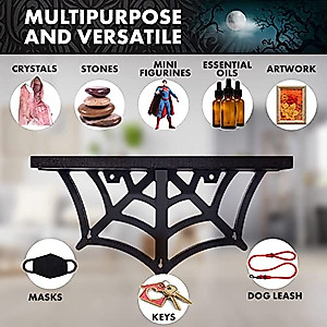 CEFRECO Spider Web Floating Shelf - Gothic Halloween Hanging Shelf with Hooks for Wall Oddities and Curiosities - Black Spooky Goth Wall Decor for Kitchen and Home - Crystal Display Shelf for Stones