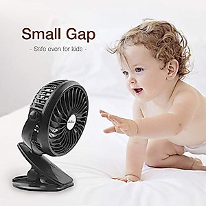 AJOYEUX Battery Operated Clip on Fan, Portable Rechargeable Personal fan (5 inch) for stroller, camping, cart seat, gym, Black