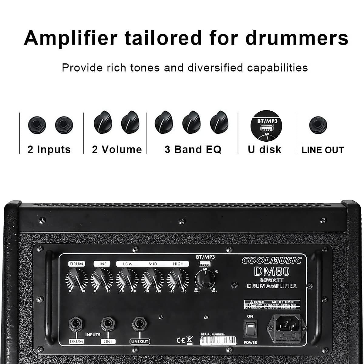 Coolmusic DM80 80W Bluetooth Personal Monitor Amplifier Electric Drum Amplifier Speaker,Keyboard Speaker